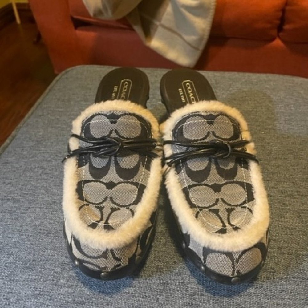 Coach Black Signature Shearling Ruffle Mule Clog Wood… - Gem